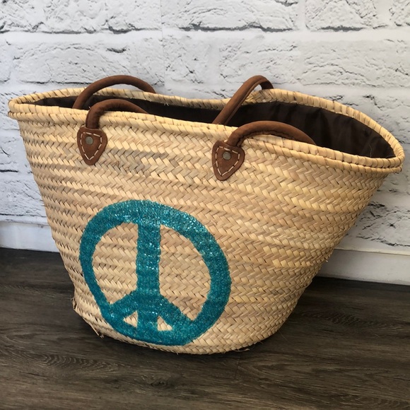 Bags | Peace Sign Turquoise Straw Beach Tote | Poshmark